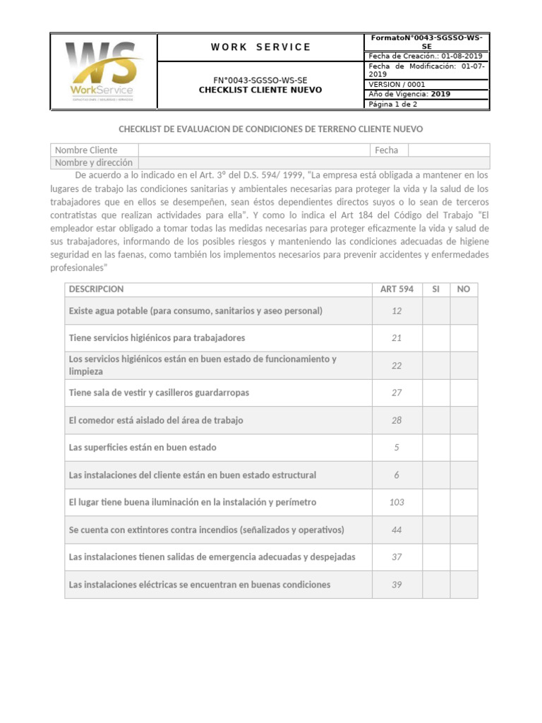 FN°0043-SGSSO-WS-SE (CHECKLIST CLIENTE NUEVO) | PDF | Higiene