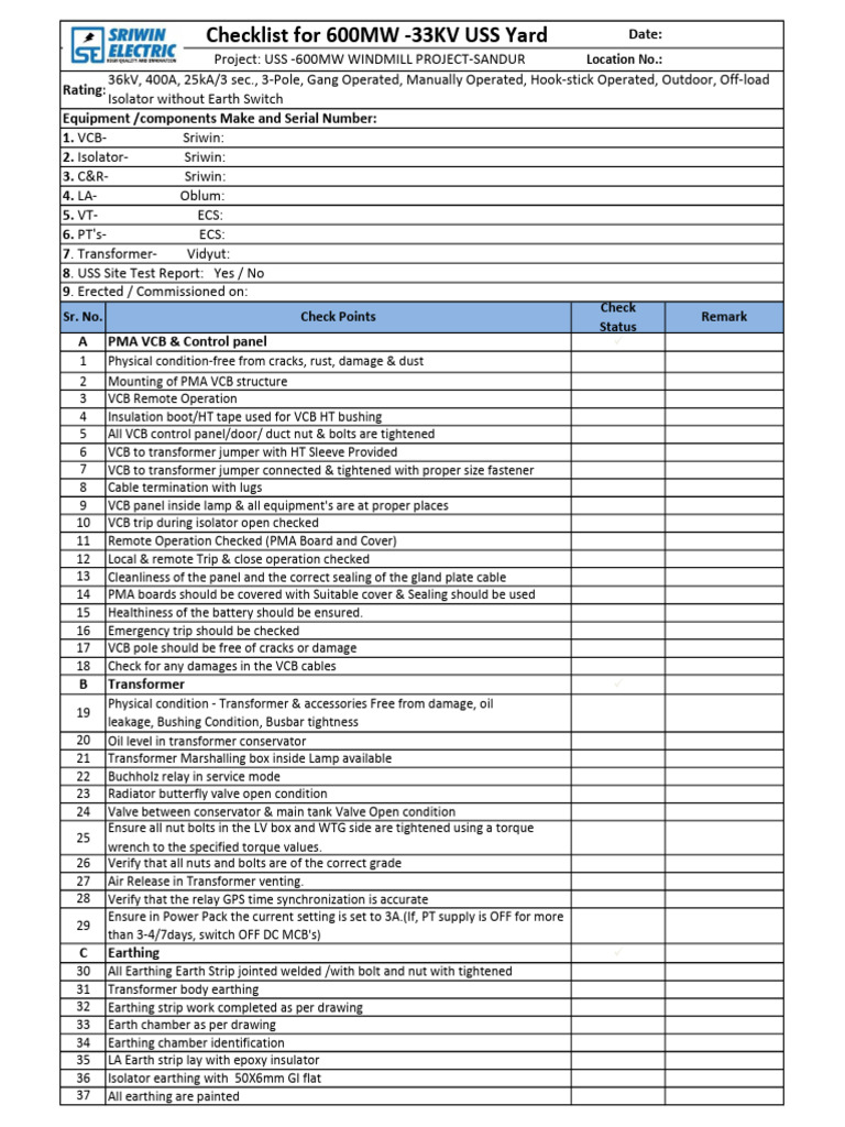 Checklist - 05-11-2024-Final | PDF | Electrical Wiring | Transformer