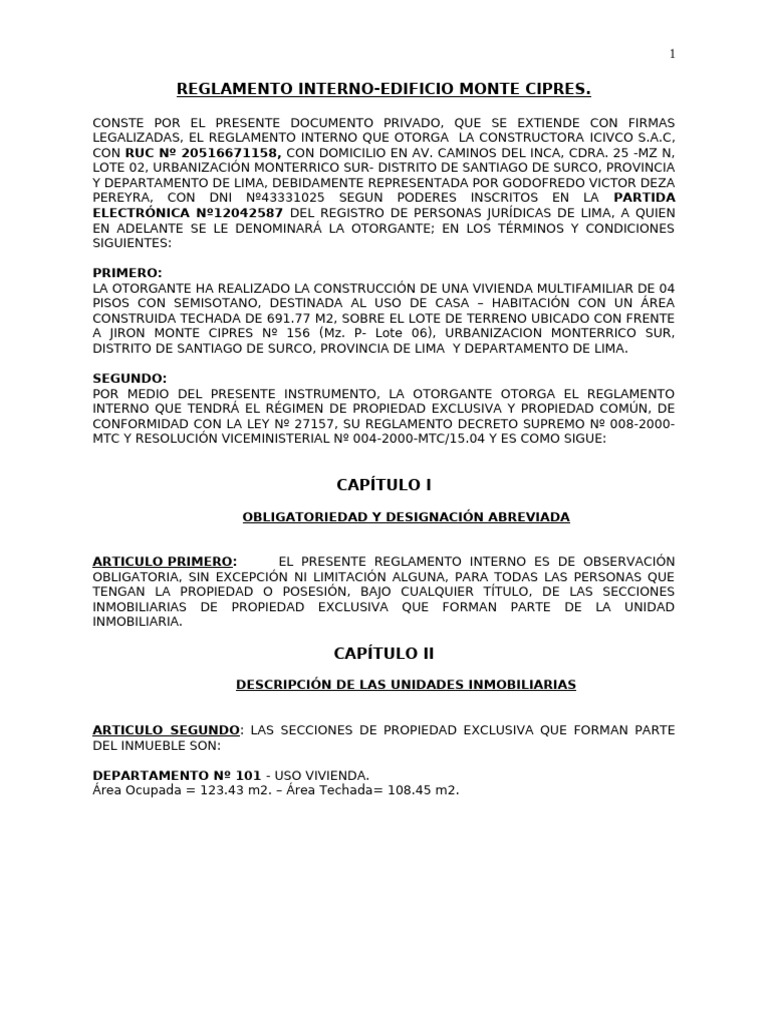 Reglamento Interno Edificio Monte Ciprés | PDF | Propiedad | Regulación