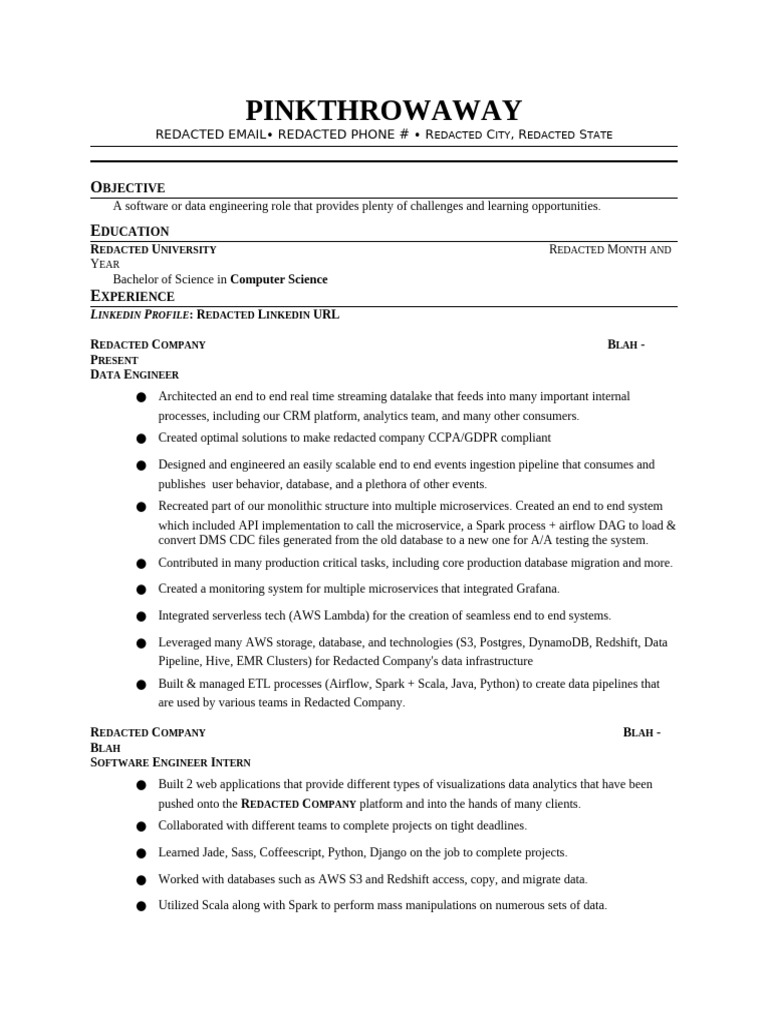 PINKTHROWAWAY Redacted Resume | PDF | Apache Spark | Databases