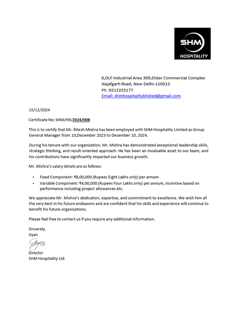 SHM Hospitality Employment Certificate | PDF
