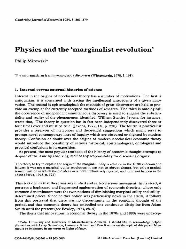 Mirowski - 1984 - Physics and The Marginalist Revolution' | PDF ...