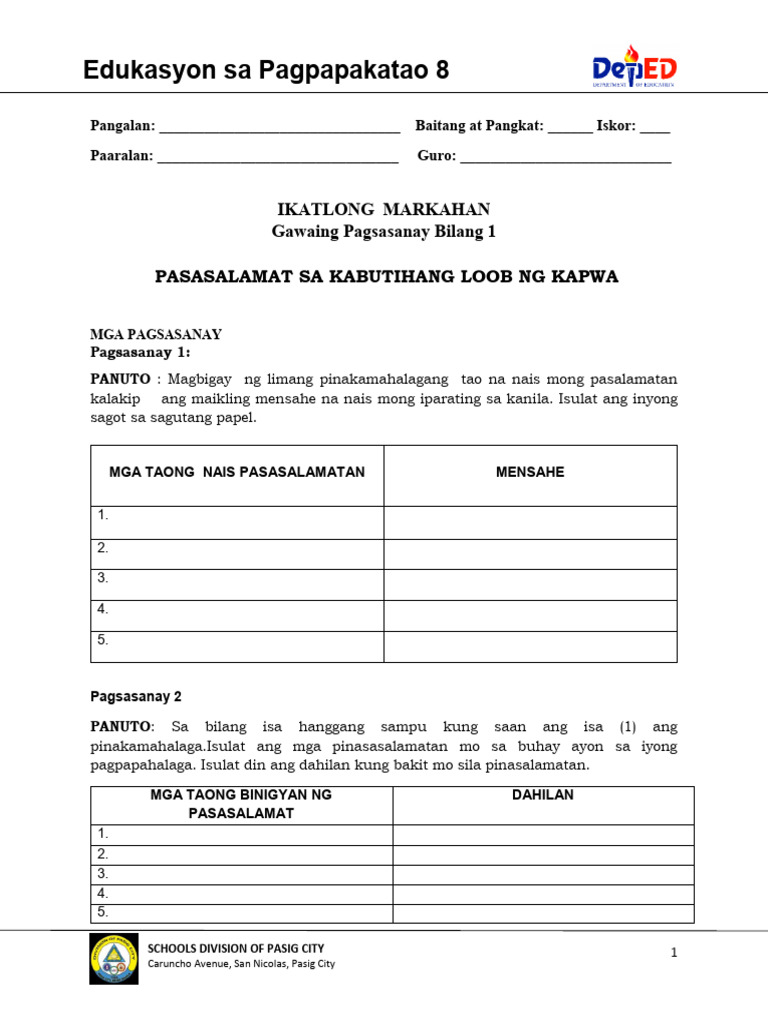 EsP 8-Q3-G. Pagsasanay 1 | PDF