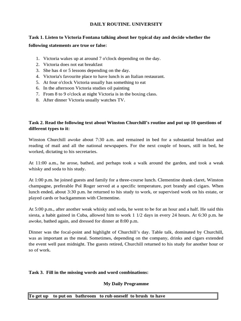 DAILY ROUTINE Test | PDF | Meal