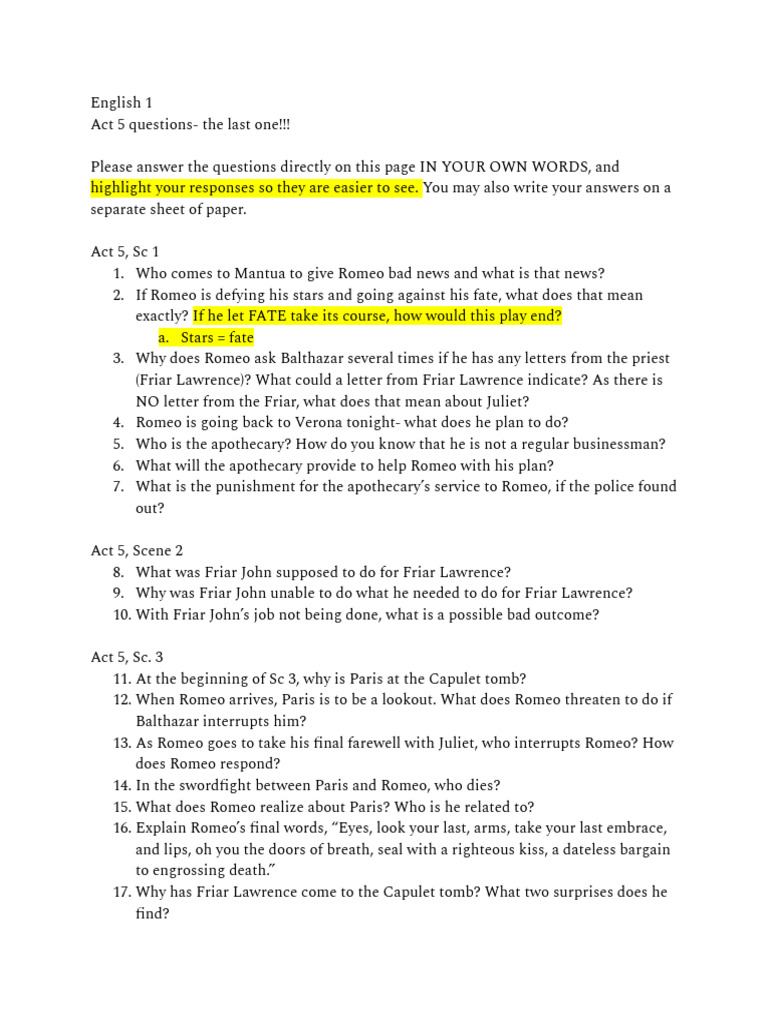 R&J Act 5 questions | PDF | Characters In Romeo And Juliet | Romeo And ...