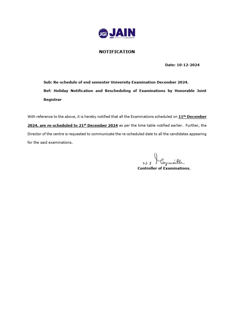 NOTIFICATION Rescheduling of Examination | PDF