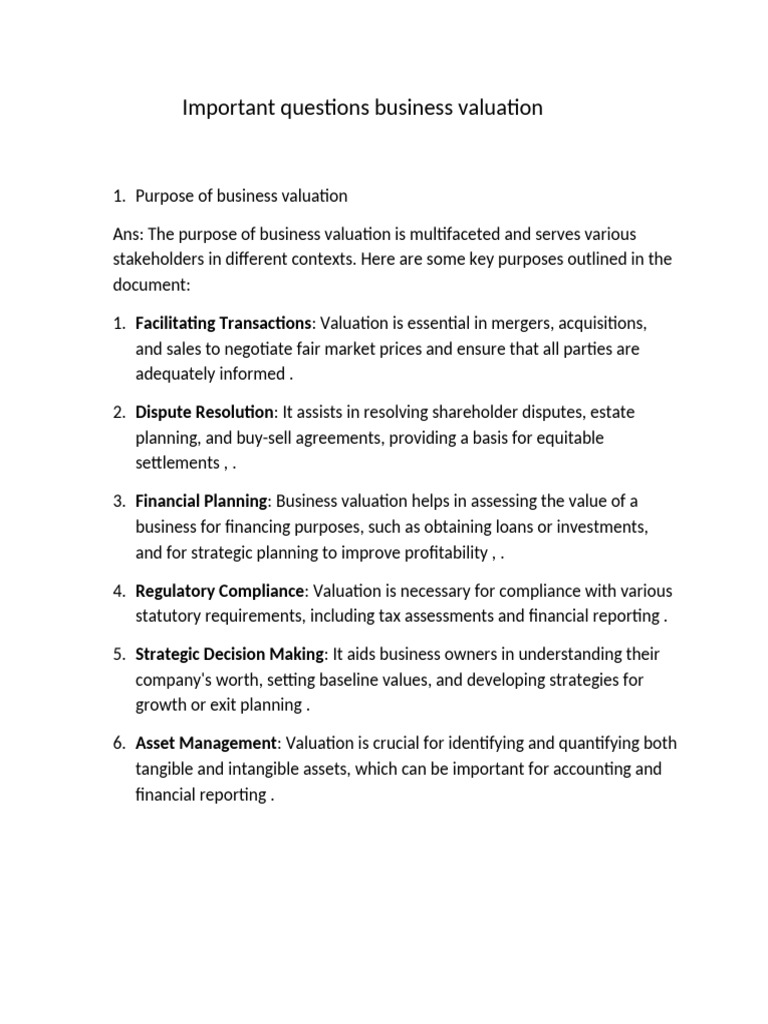 Important questions business valuation 22 | PDF | Valuation (Finance ...
