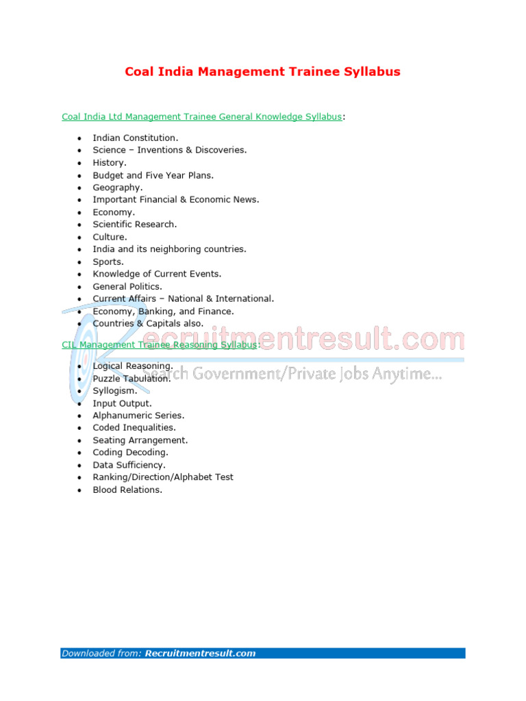 Coal India Management Trainee Syllabus | PDF | Engineering | Mining
