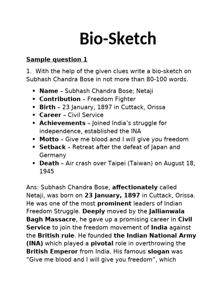 Creative Writing - BioSketch (Sample Question-1) | PDF
