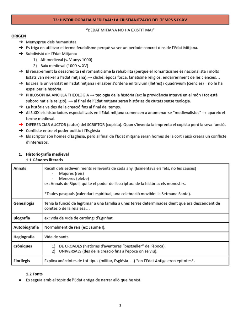 Apunts T3 Historiografia Medieval La Cristianització Del Temps (S.ix-Xv) | PDF