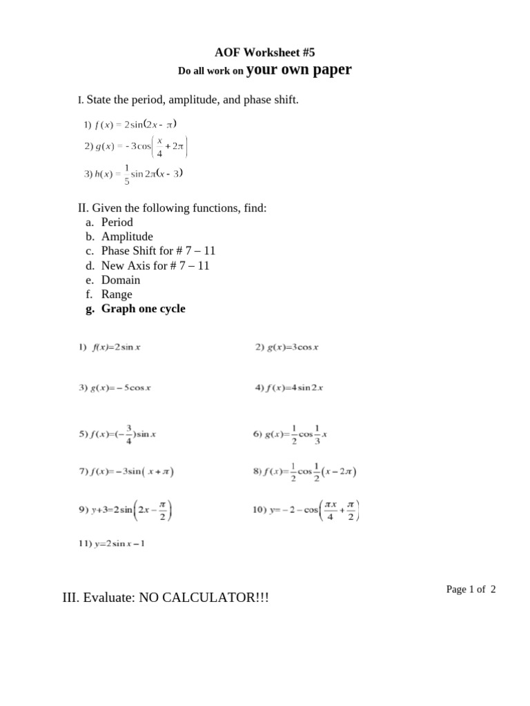 Ta Graphs of Sine and Cosine Worksheet 5a. | PDF