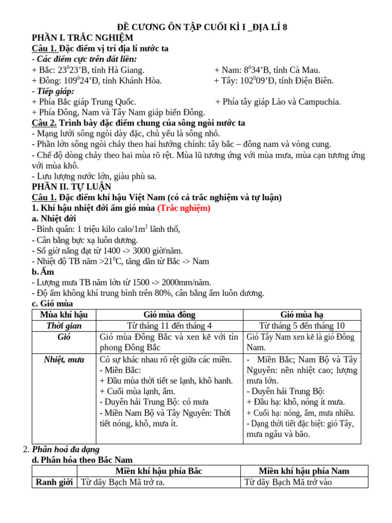 De Cuong On Tap Dia 8 HK1 | PDF