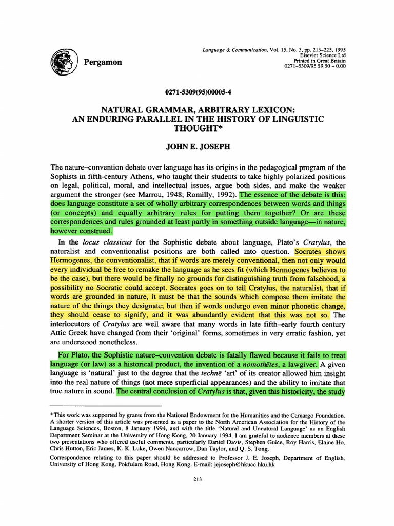 Natural Grammar, Arbitrary Lexicon Joseph1995 | PDF | Part Of Speech | Word