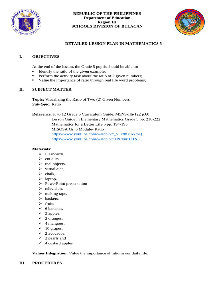 Detailed Lesson Plan in Math 5 | PDF | Ratio