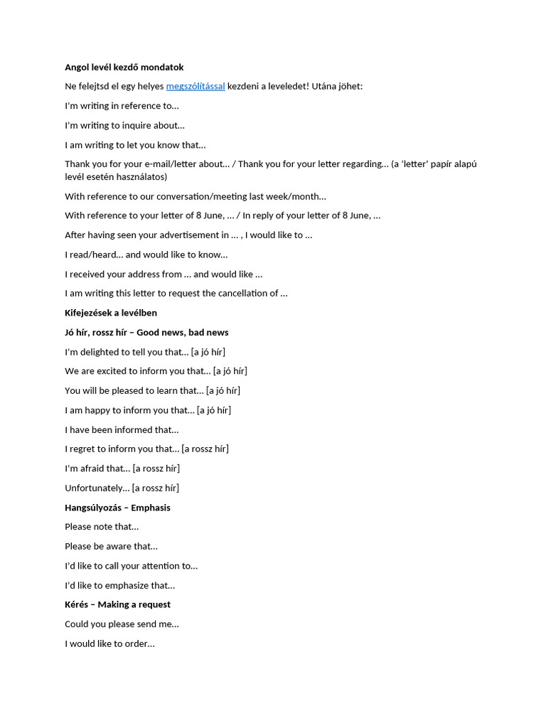 Angol Levél Kezdő Mondatok Jó | PDF
