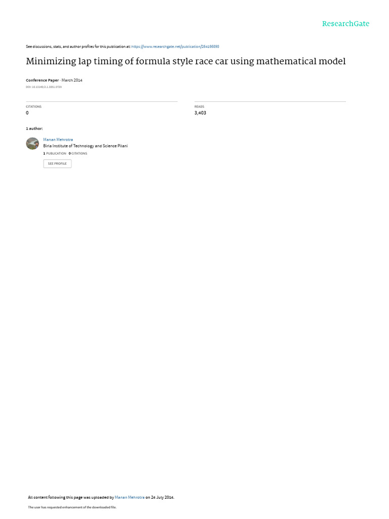 Minimizing Laptimeof Formula Style Racecar | PDF | Internal Combustion Engine | Force