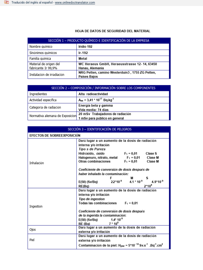 Hoja de Seguridad: Iridio 192 | PDF | Agua | Laboratorios