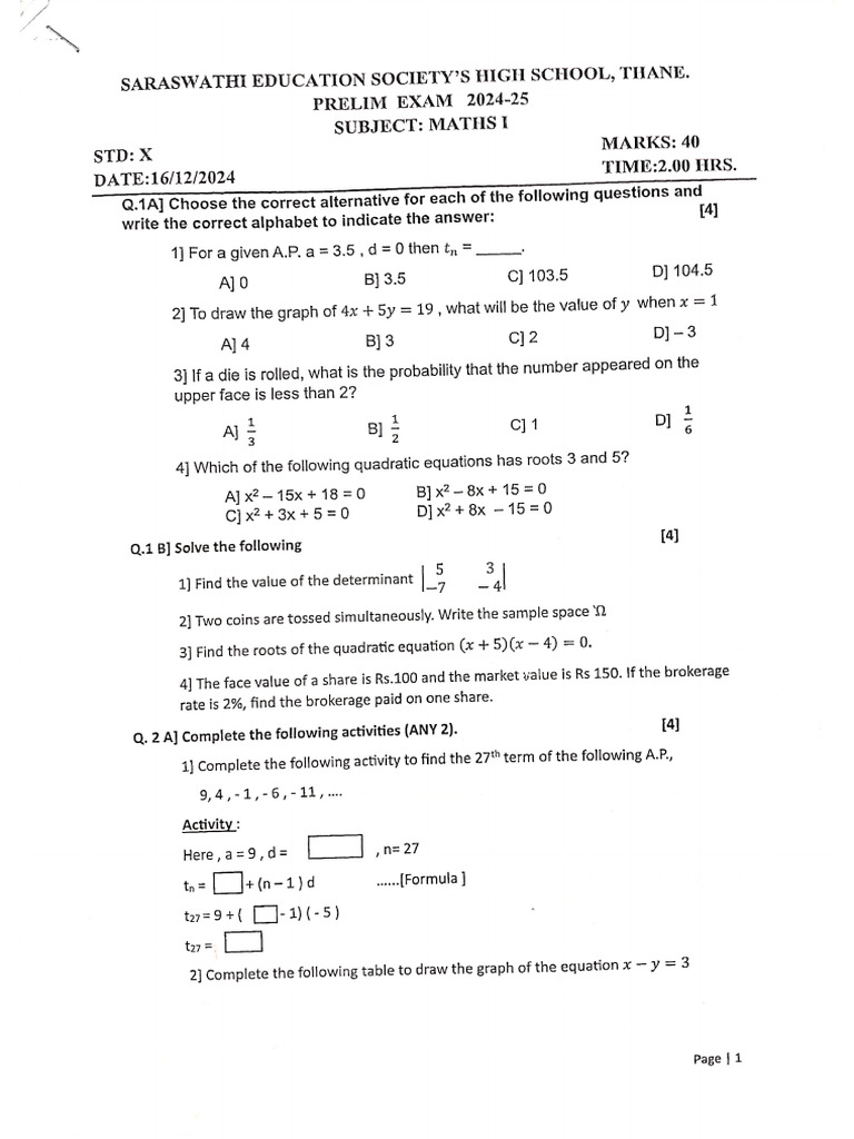 10th - EM - Maths - 1 - QP - Prelims - SES - 2024-25 | PDF