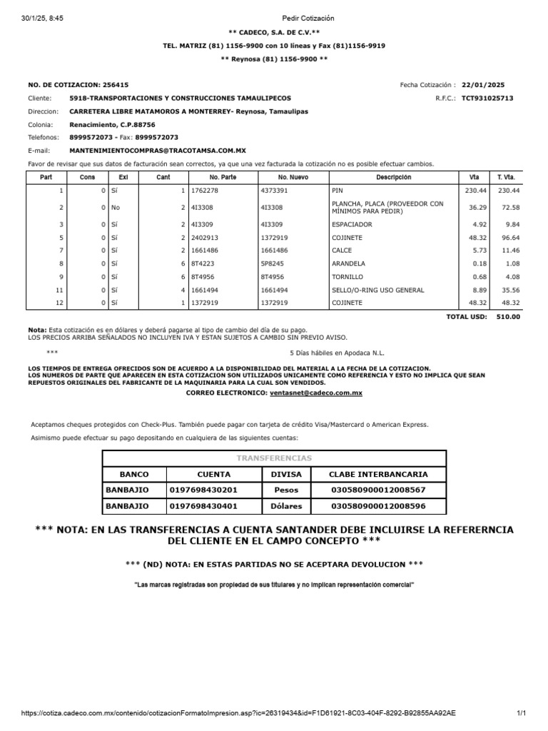 Cotización CADECO para Transportaciones | PDF | Dinero | Bancario