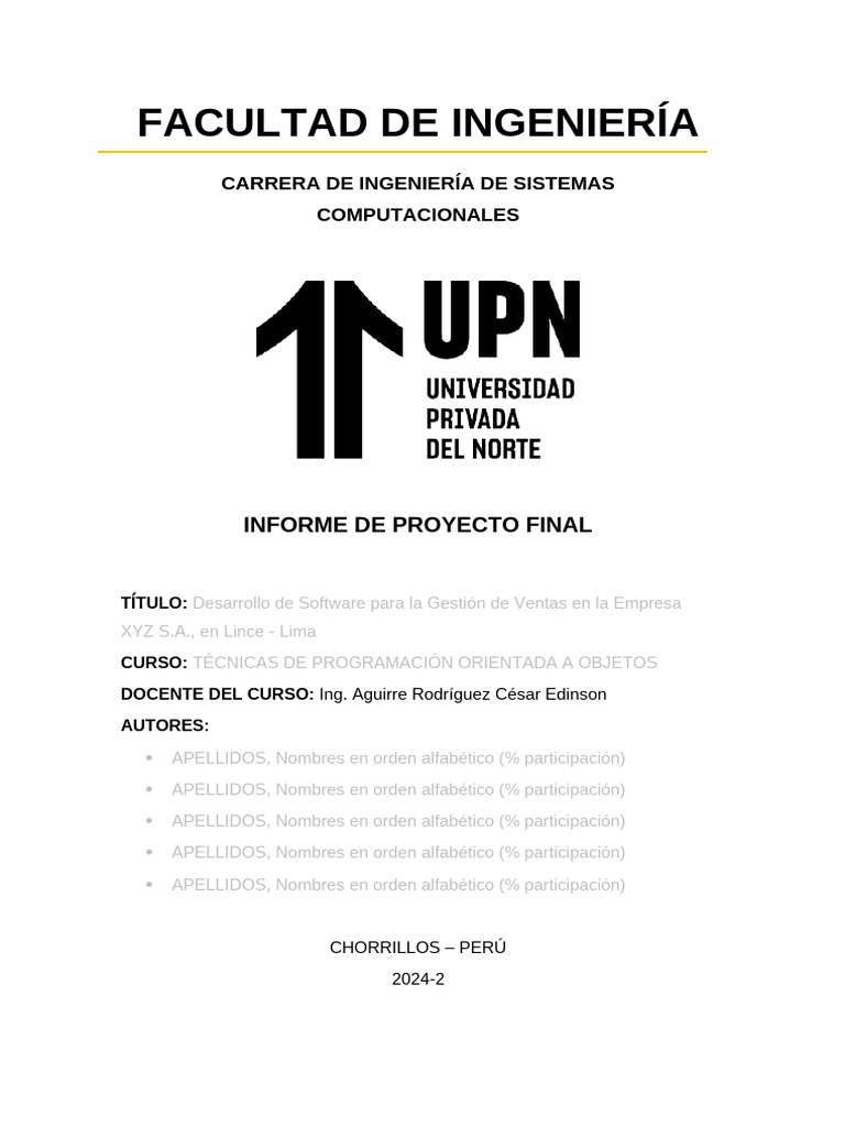(Plantilla) Informe de Proyecto Final - Tpoo (2024-2) | PDF | Software | Usuario (informática)