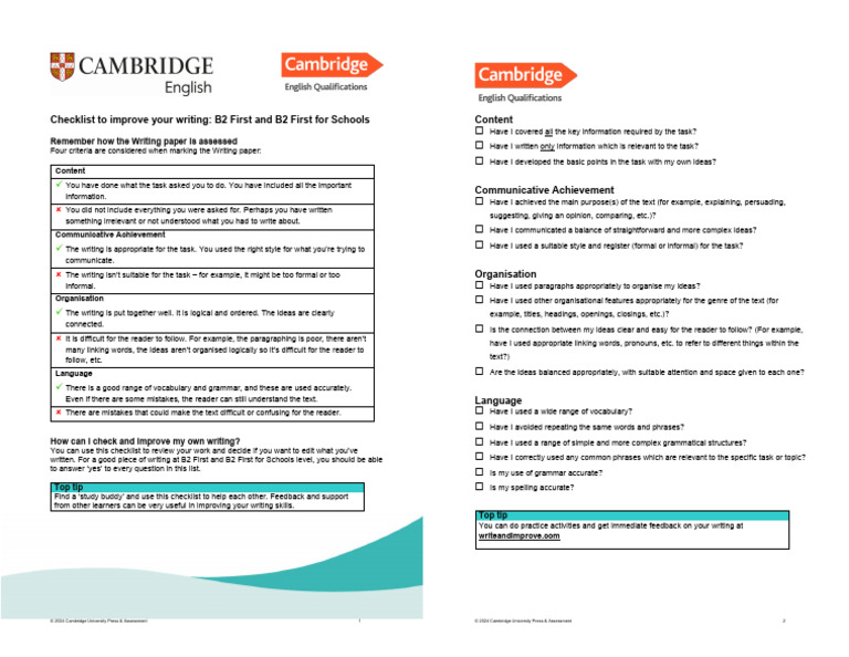 B2 First Writing Checklist | PDF | Vocabulary | Word