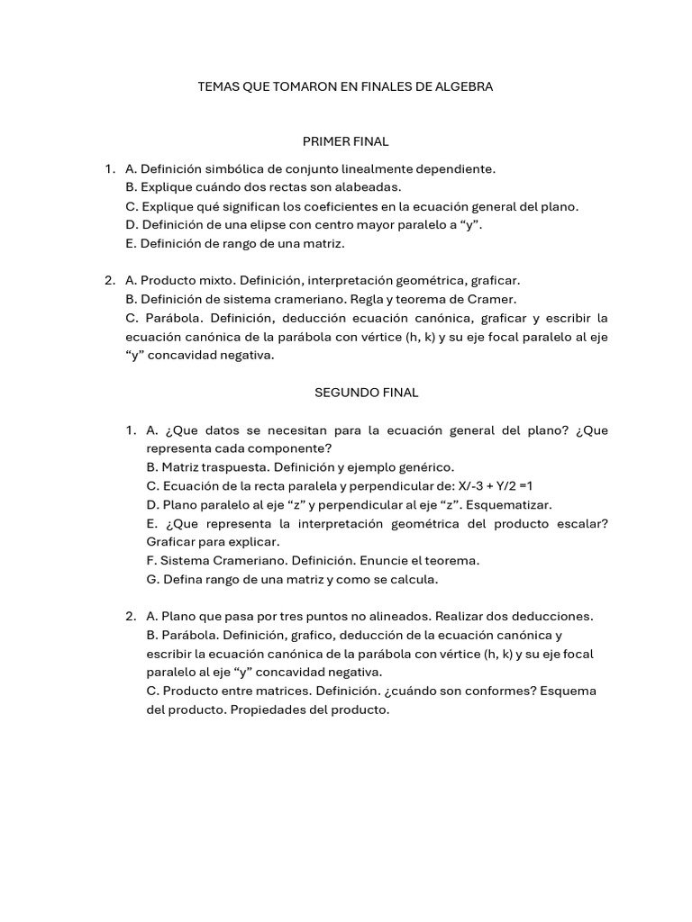 Temas de Exámenes Finales de Álgebra | PDF | Matriz (Matemáticas) | Ecuaciones
