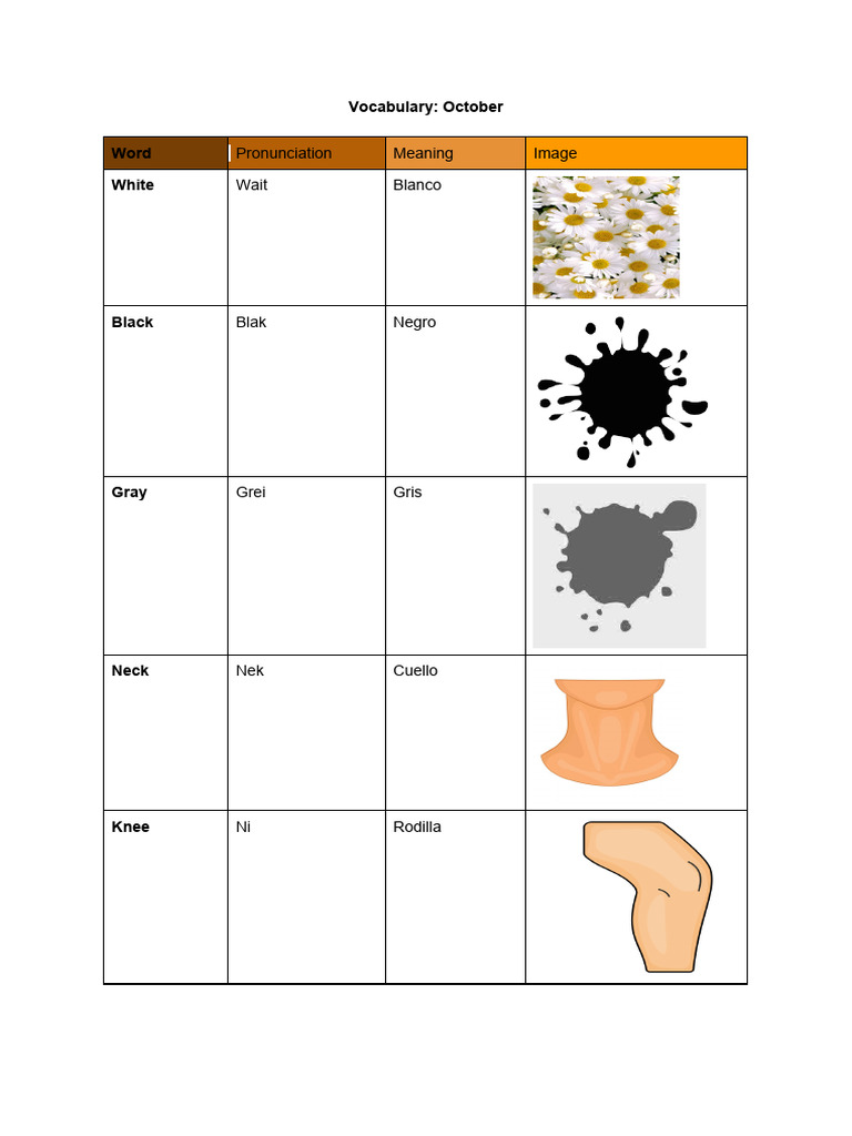 October Vocabulary List: Colors & Body Parts | PDF