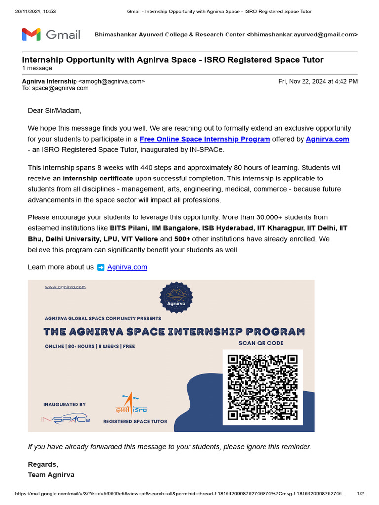 Gmail - Internship Opportunity With Agnirva Space - IsRO Registered Space Tutor | PDF