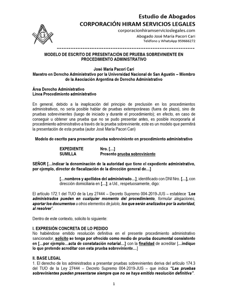 Modelo Escrito Presenta Prueba Sobreviniente en Procedimiento Administrativo - Autor José María ...