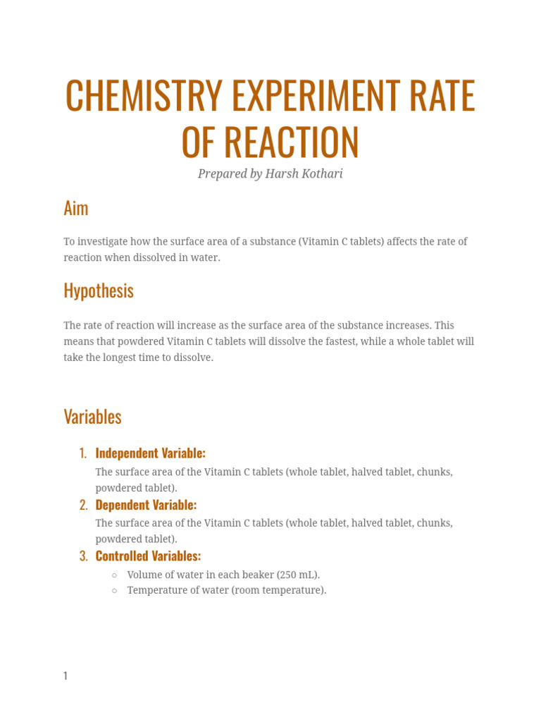 Chemistry Experiment Rate of Reaction | PDF