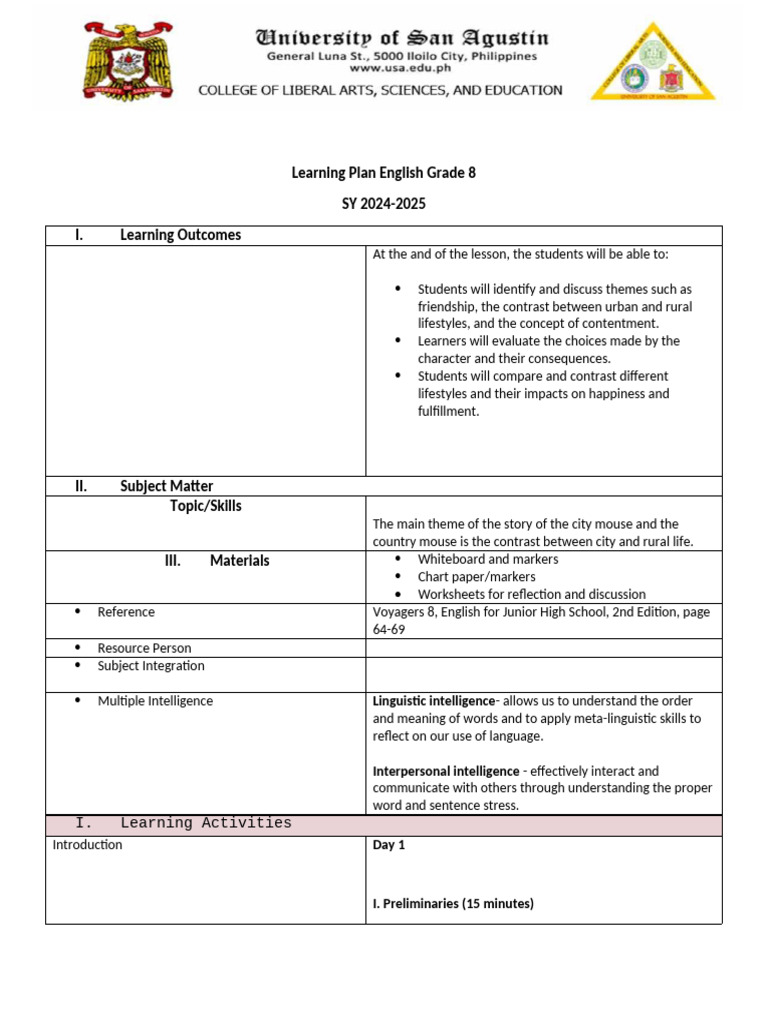Grade 8 English Learning Plan 2024-2025 | PDF | English Language | Learning