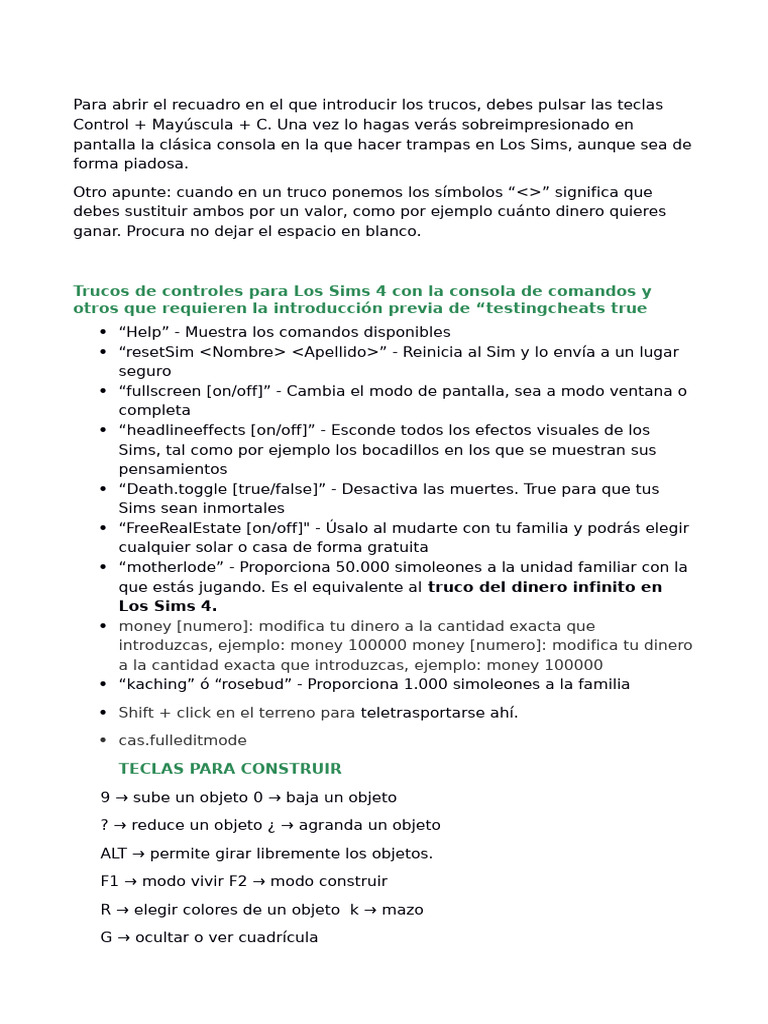Trucos y Comandos para Los Sims 4 | PDF