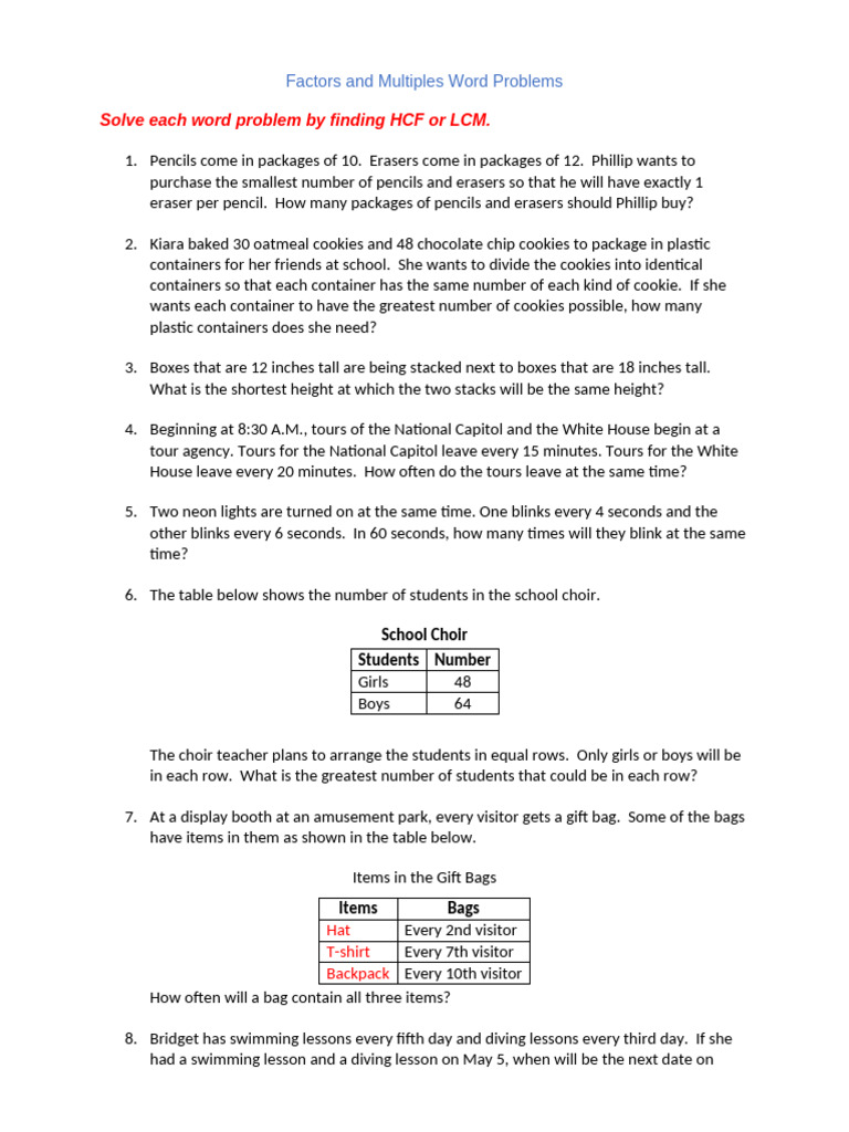 Word Problems Involving Greatest Common Factor and Least Common ...