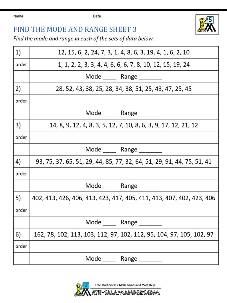 Mode and Range Calculation Worksheet | PDF