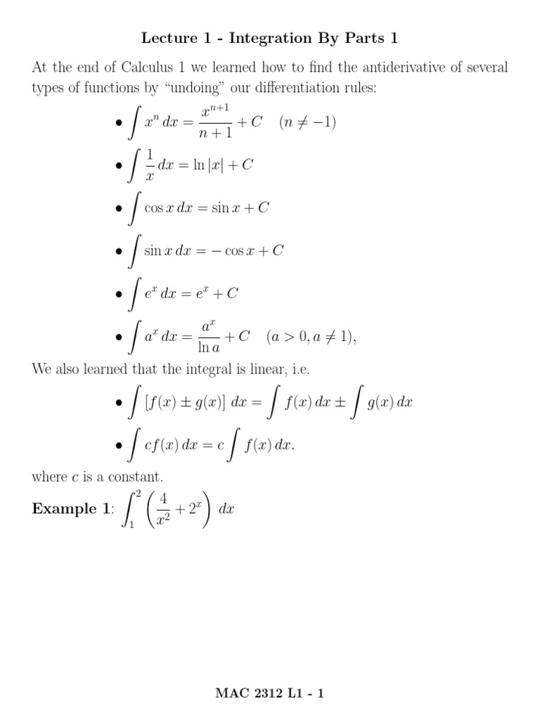 Lecture 1 - Integration by Parts 1 | PDF | Integral | Differential Calculus