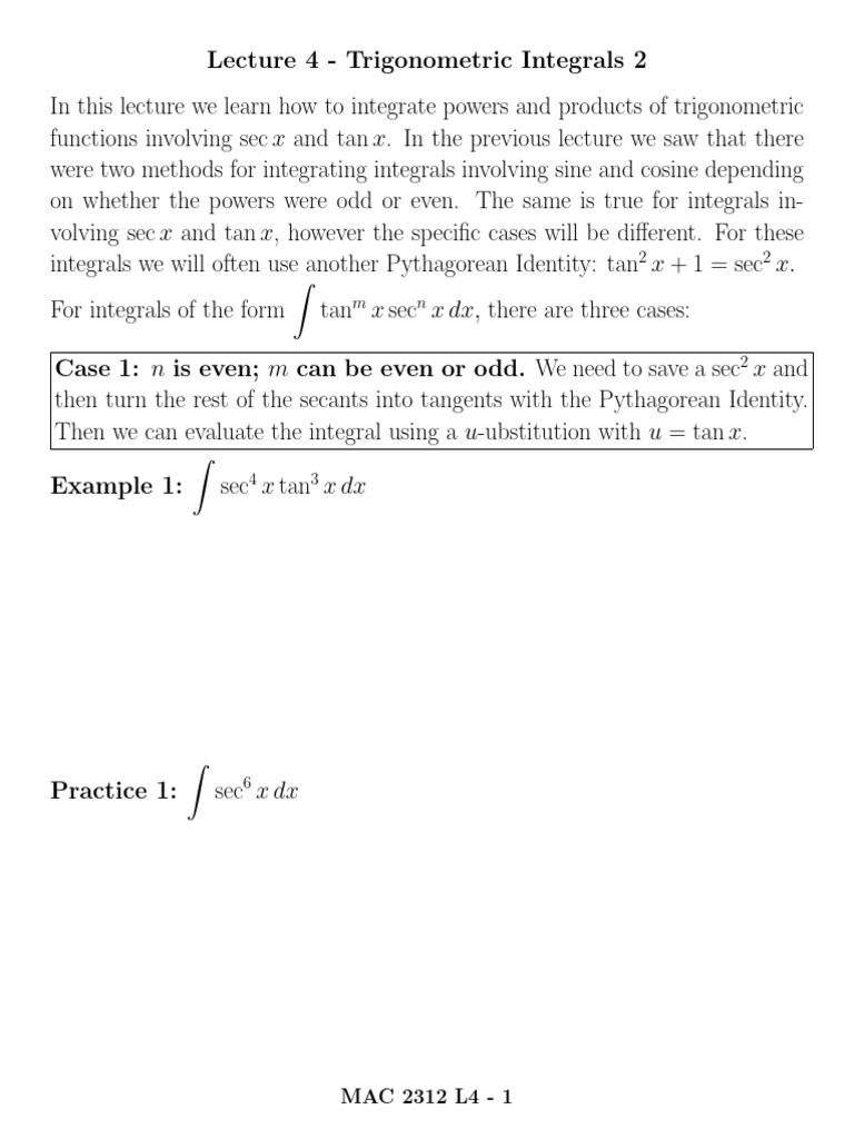 Lecture 4 - Trigonometric Integrals 2 | PDF | Trigonometric Functions ...