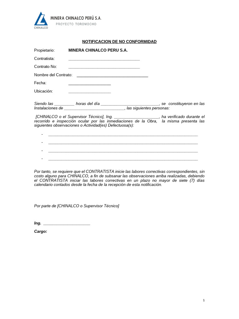 Notificación De No Conformidad Minera Chinalco Pdf 3499
