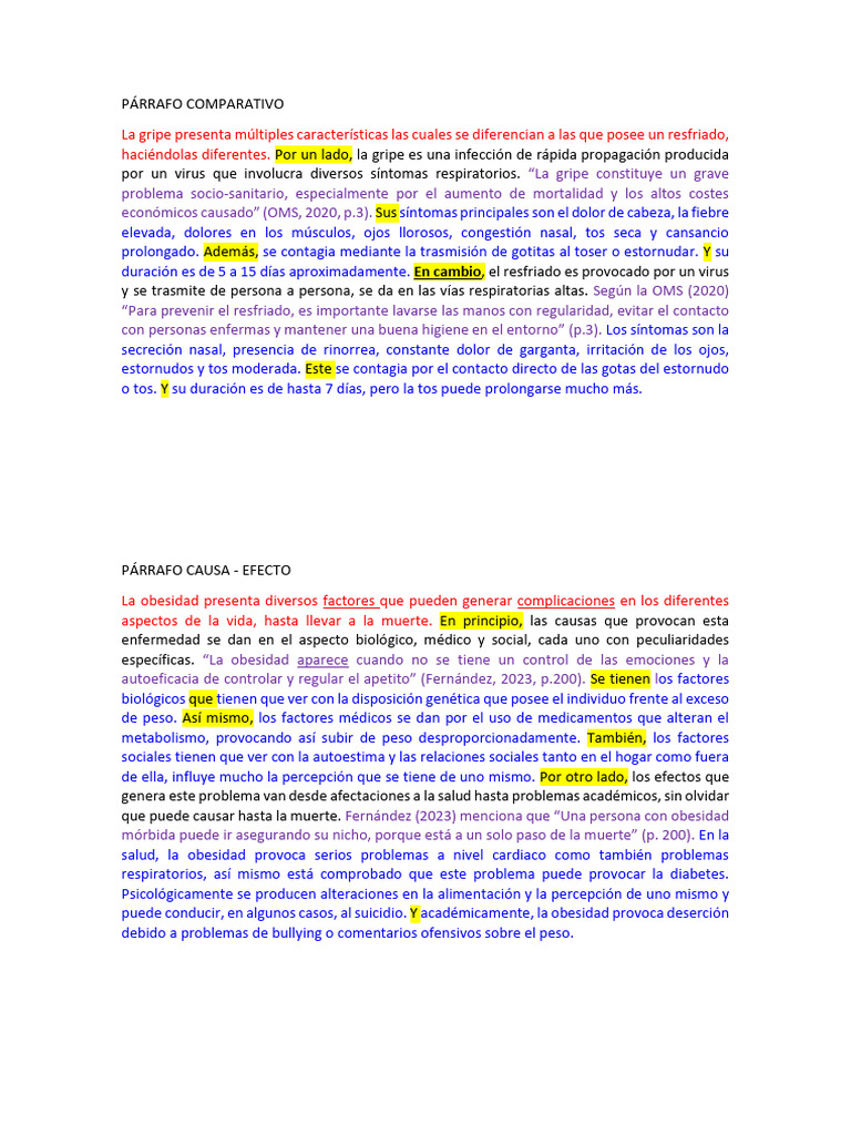EJEMPLO PÁRRAFO COMPARATIVO Y CAUSA-EFECTO | PDF | Resfriado comun ...