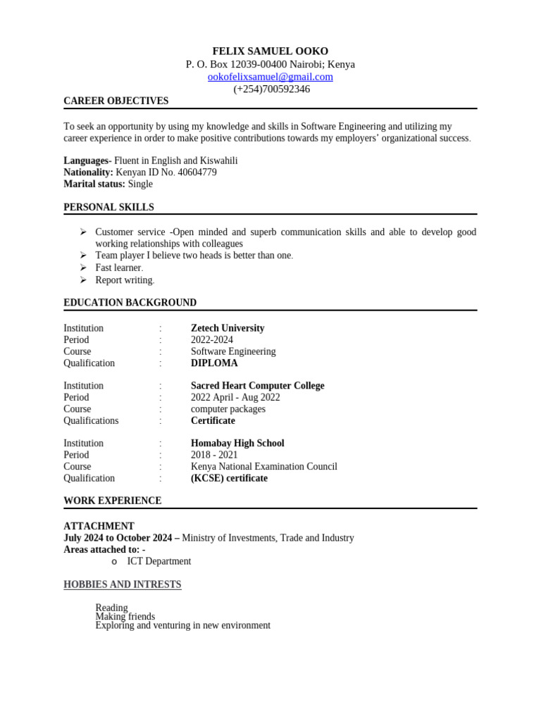 Software Engineering CV of Felix Ooko | PDF