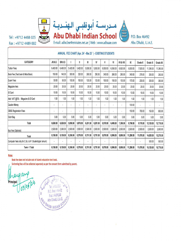 Fee Chart Existing Students 2024 2025 | PDF
