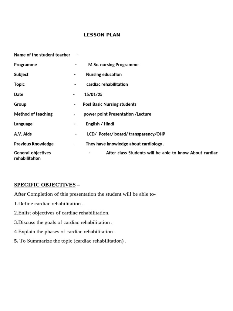 Cardiac Rehabilitation Lesson Plan | PDF | Heart | Cardiology
