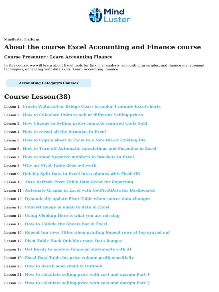 Excel Accounting And Finance Course Course Content Pdf Microsoft