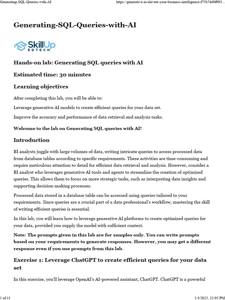 AI-Driven SQL Query Generation Lab | PDF | Data | Information Retrieval