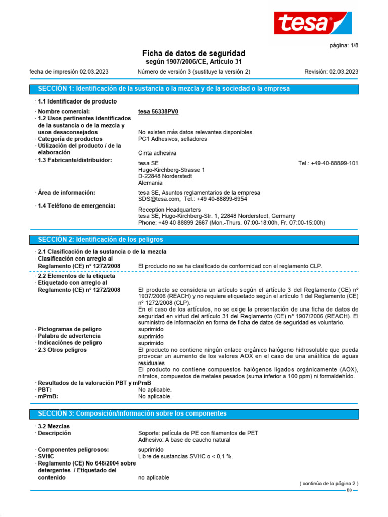 Safety Data Sheet - Tesa® Extra Power 56348 - es-ES - v3 | PDF ...