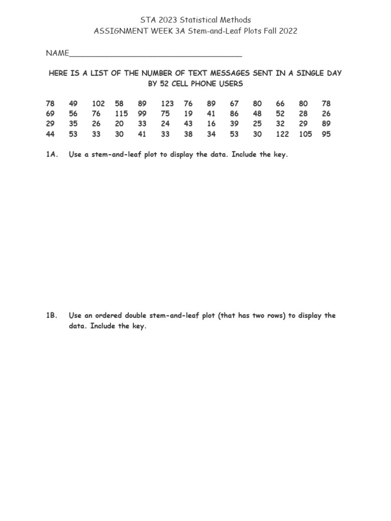 ASSIGNMENT WEEK 3 Stem and Leaf Plots FALL 2022 | PDF