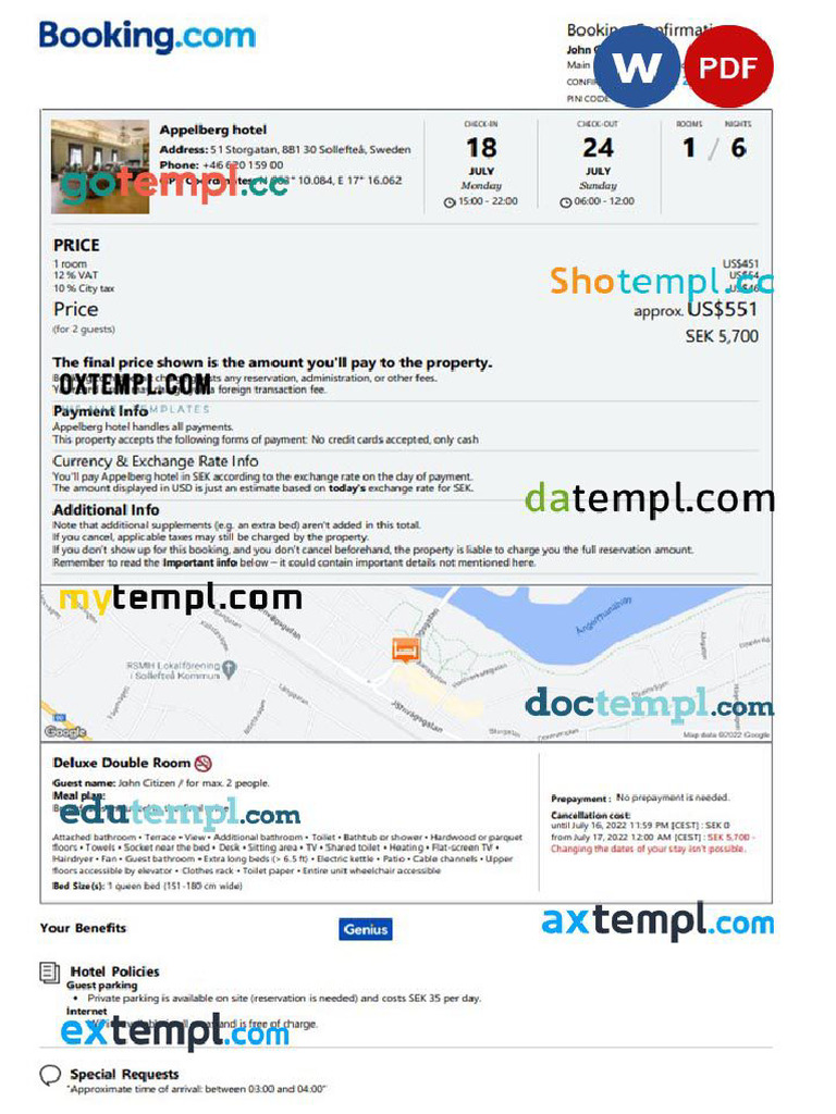 Doctempl - Sweden Hotel Booking Confirmation Template in Word and PDF | PDF