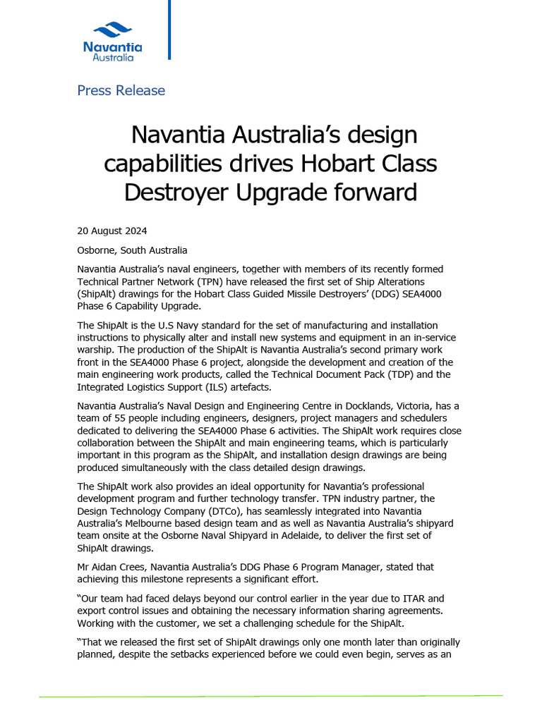 Hobart Class Destroyer Upgrade Progress | PDF | Naval Warfare | Shipping