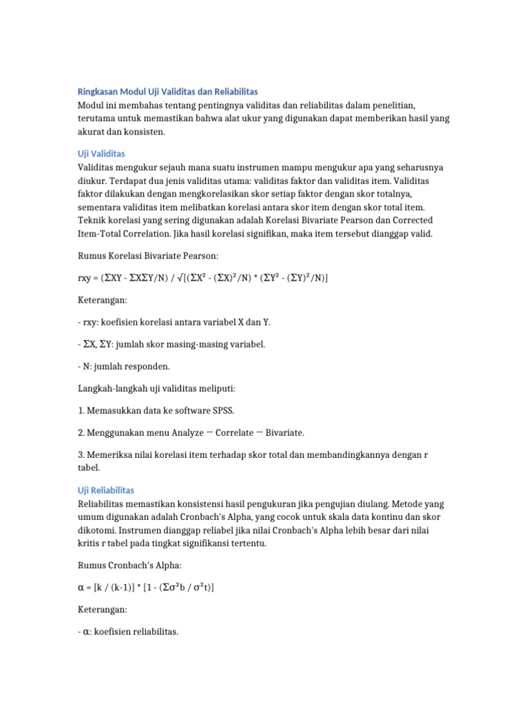 Ringkasan Modul Validitas Reliabilitas 3 Halaman Rumus | PDF