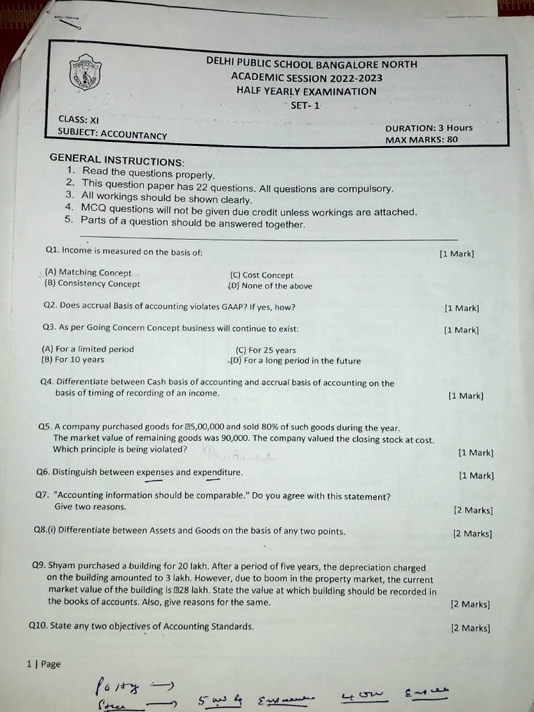 ACCOUNTS QUESTION PAPER HALF YEARLY REVISION - CLASS 11th | PDF ...