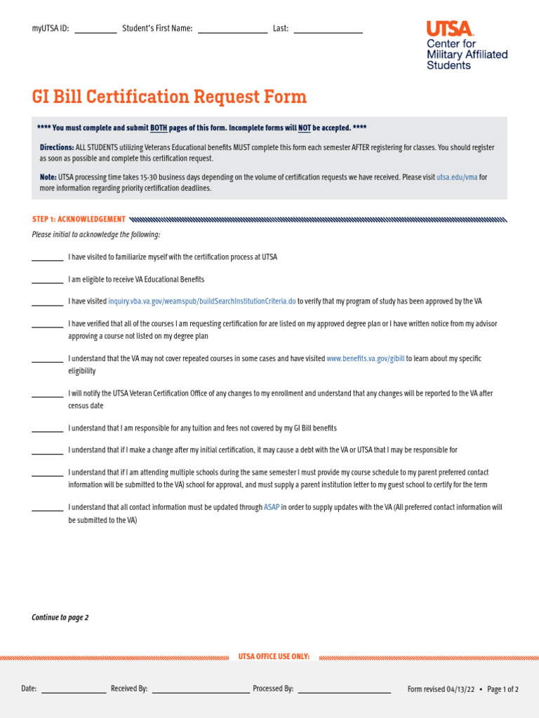 GI Bill Certification Request Form | PDF | G.I. Bill | Justice